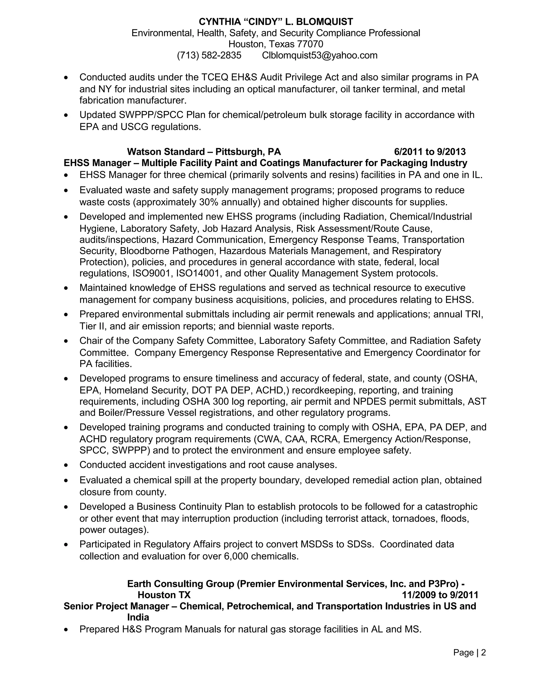 Blomquist - EHS Resume M | PDF