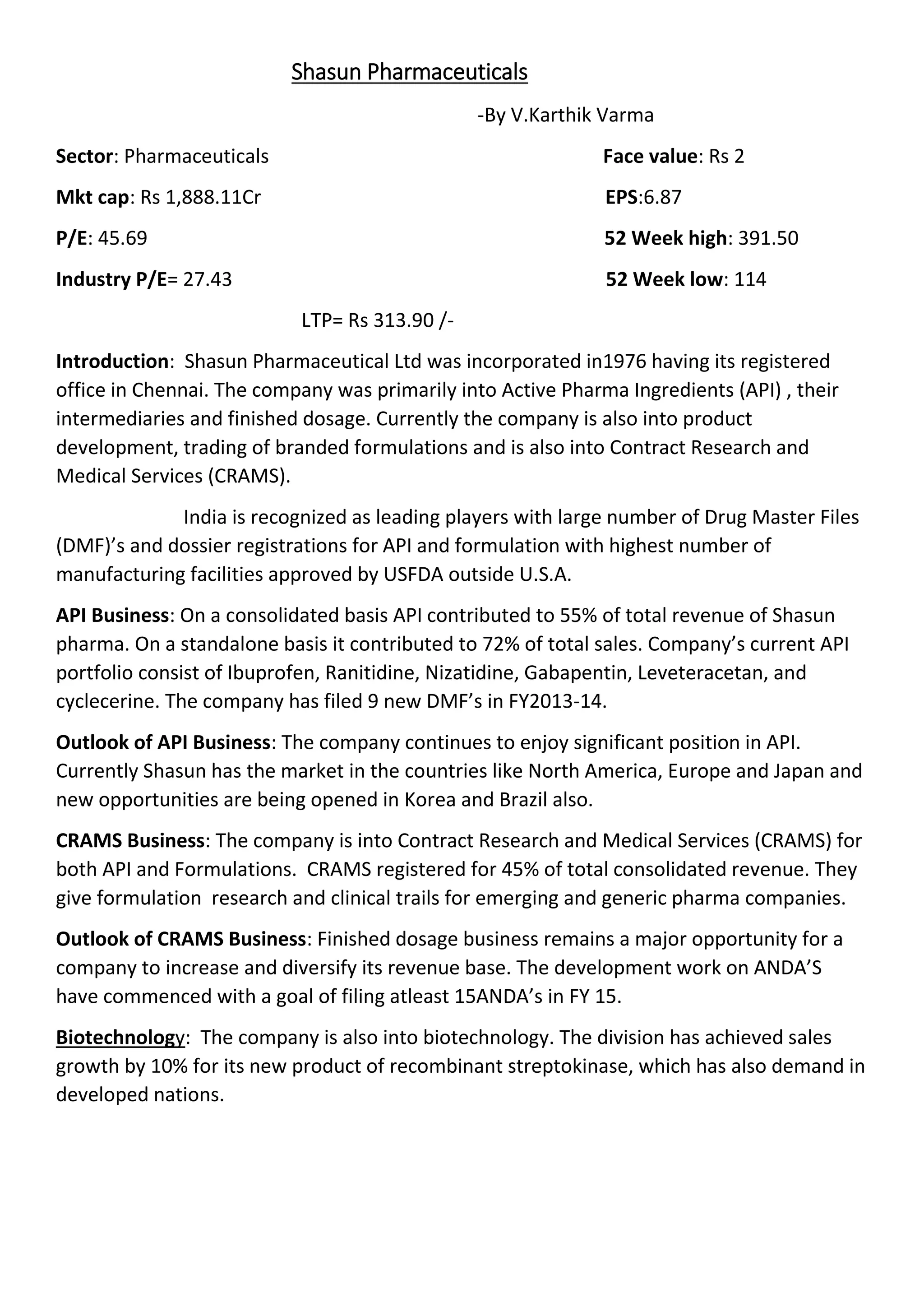 Shasun Pharmaceuticals | PDF