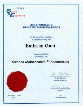 Certificate Sony Camera Maintenance Fundamentals October 2000 | PDF ...