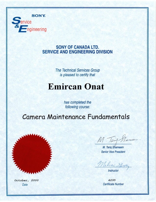 Certificate Sony Camera Maintenance Fundamentals October 2000 | PDF ...