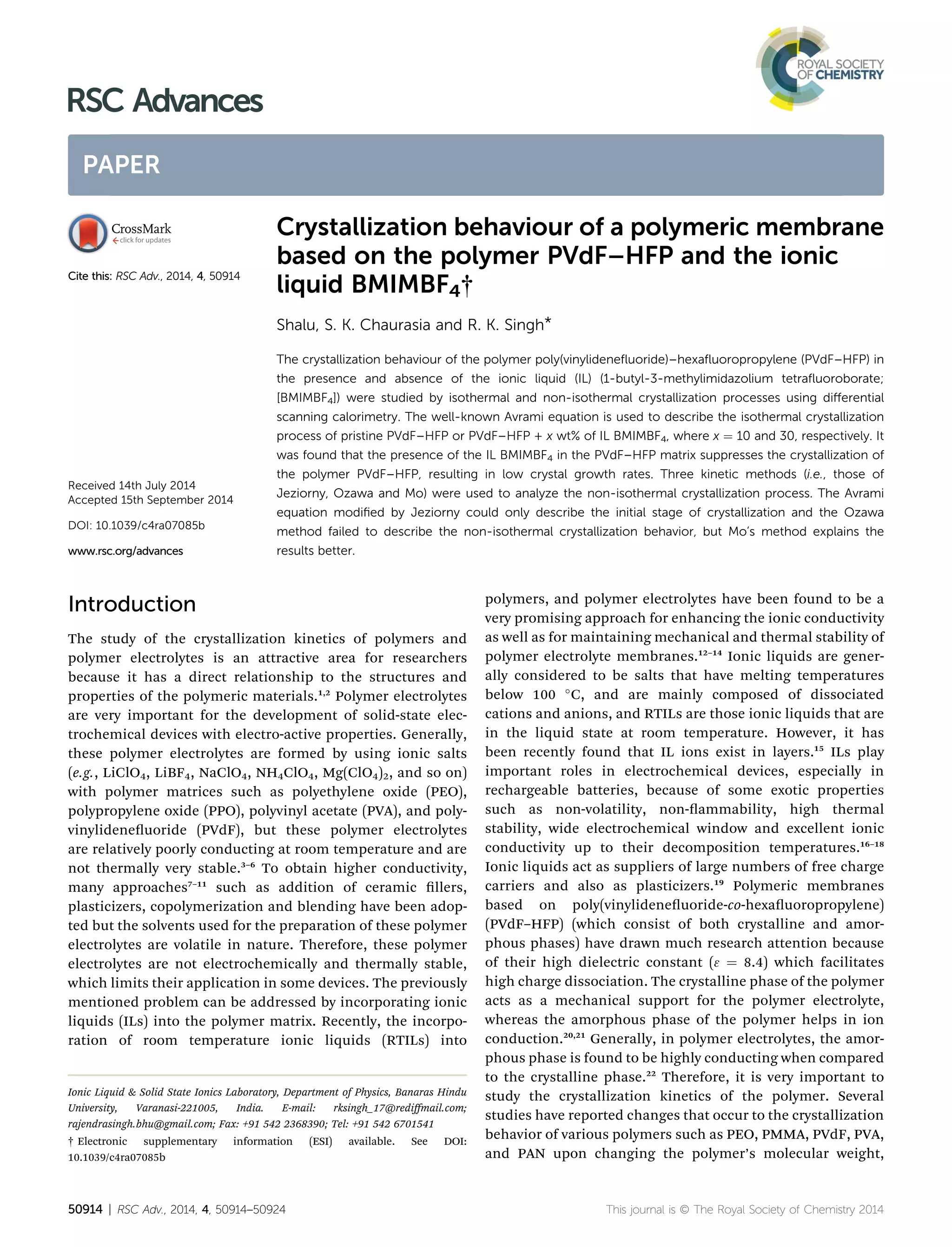 Crystallization behaviour of a polymeric membrane | PDF