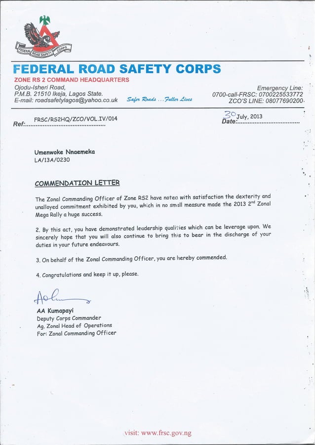 FRSC Commendation Letter | PDF