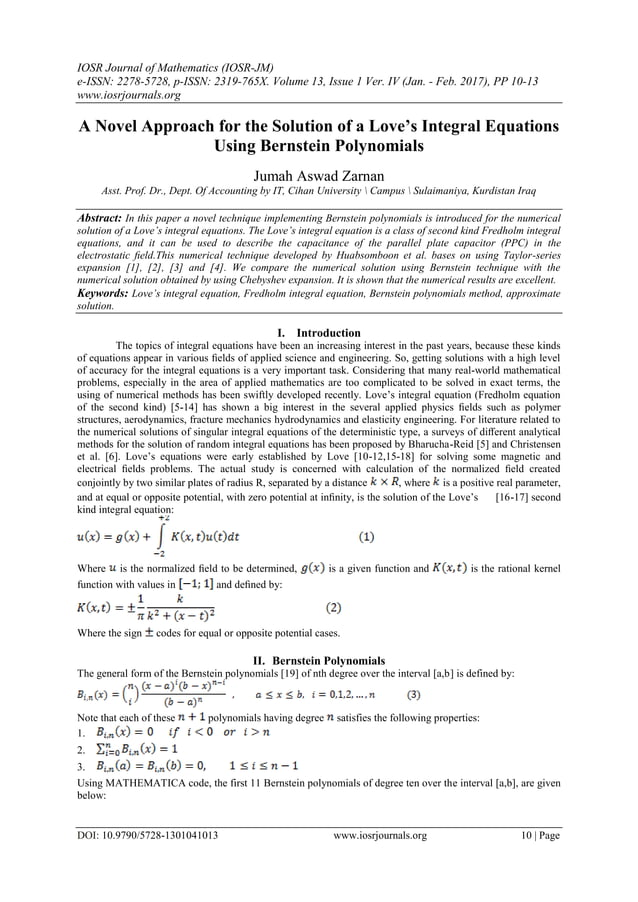 A Novel Approach for the Solution of a Love’s Integral Equations Using Bernstein Polynomials | PDF