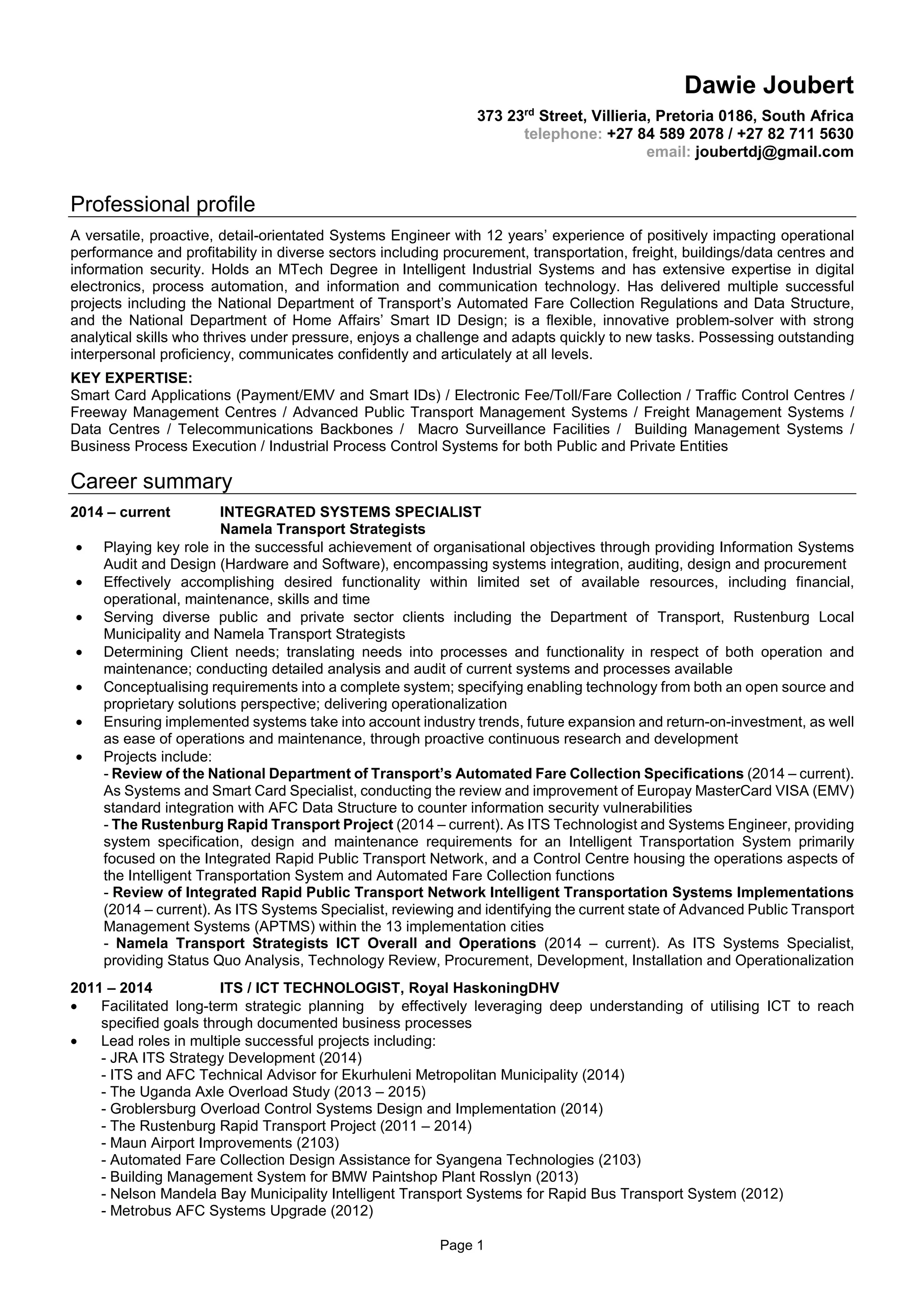Dawie Joubert CV - Short - 20150513 | PDF