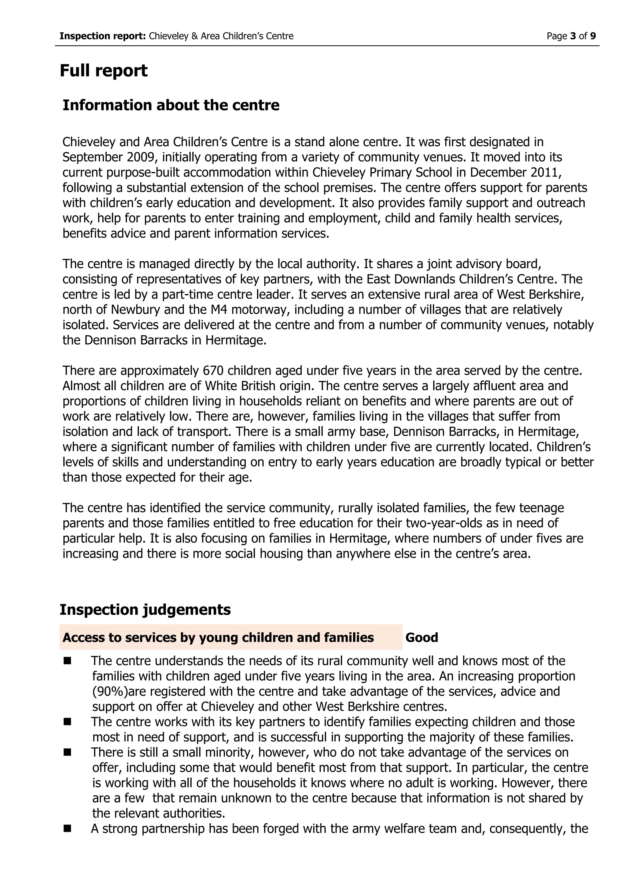 Chieveley and Area Childrens Centre Ofsted Inspection Report | PDF