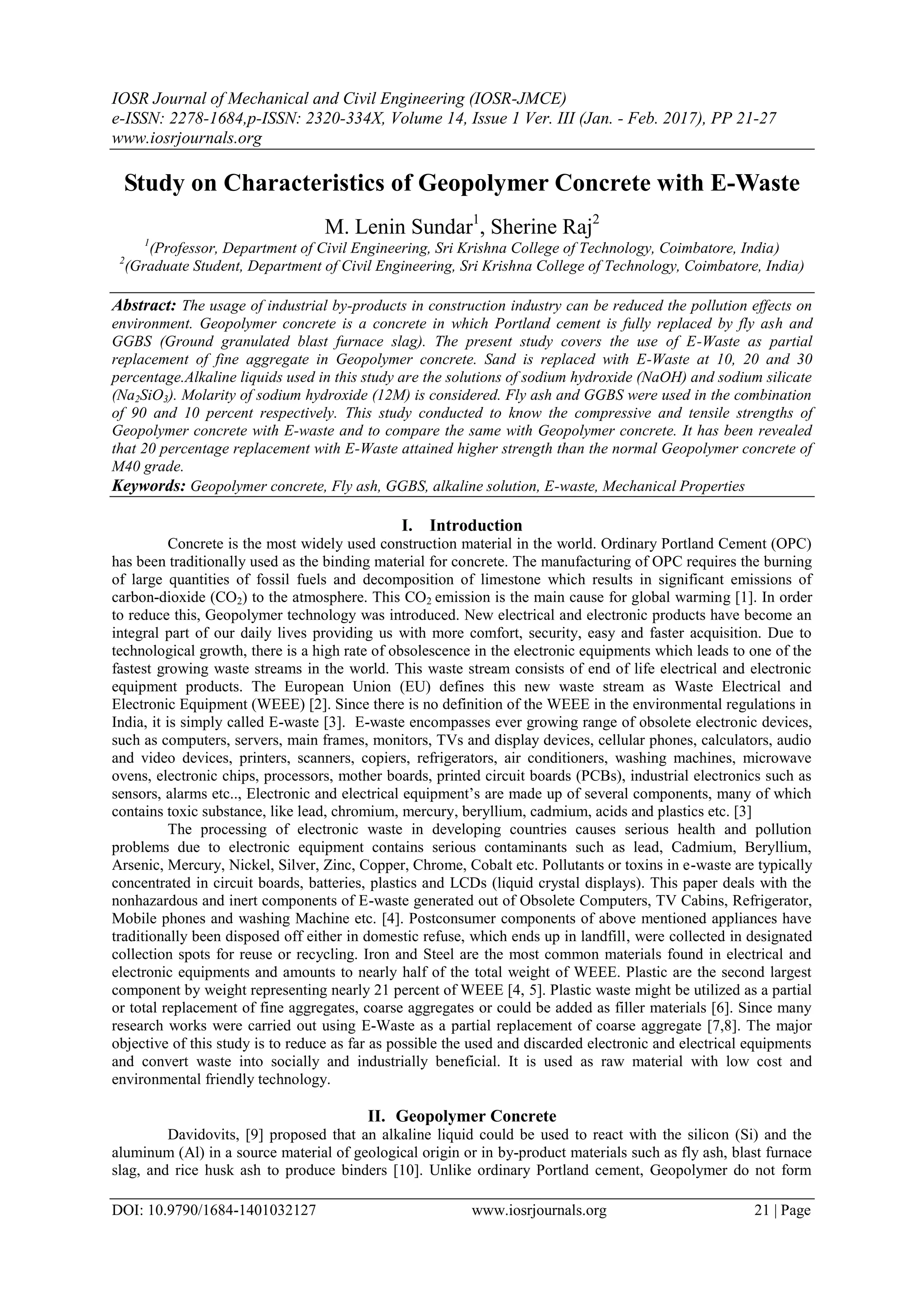 Study on Characteristics of Geopolymer Concrete with E-Waste | PDF