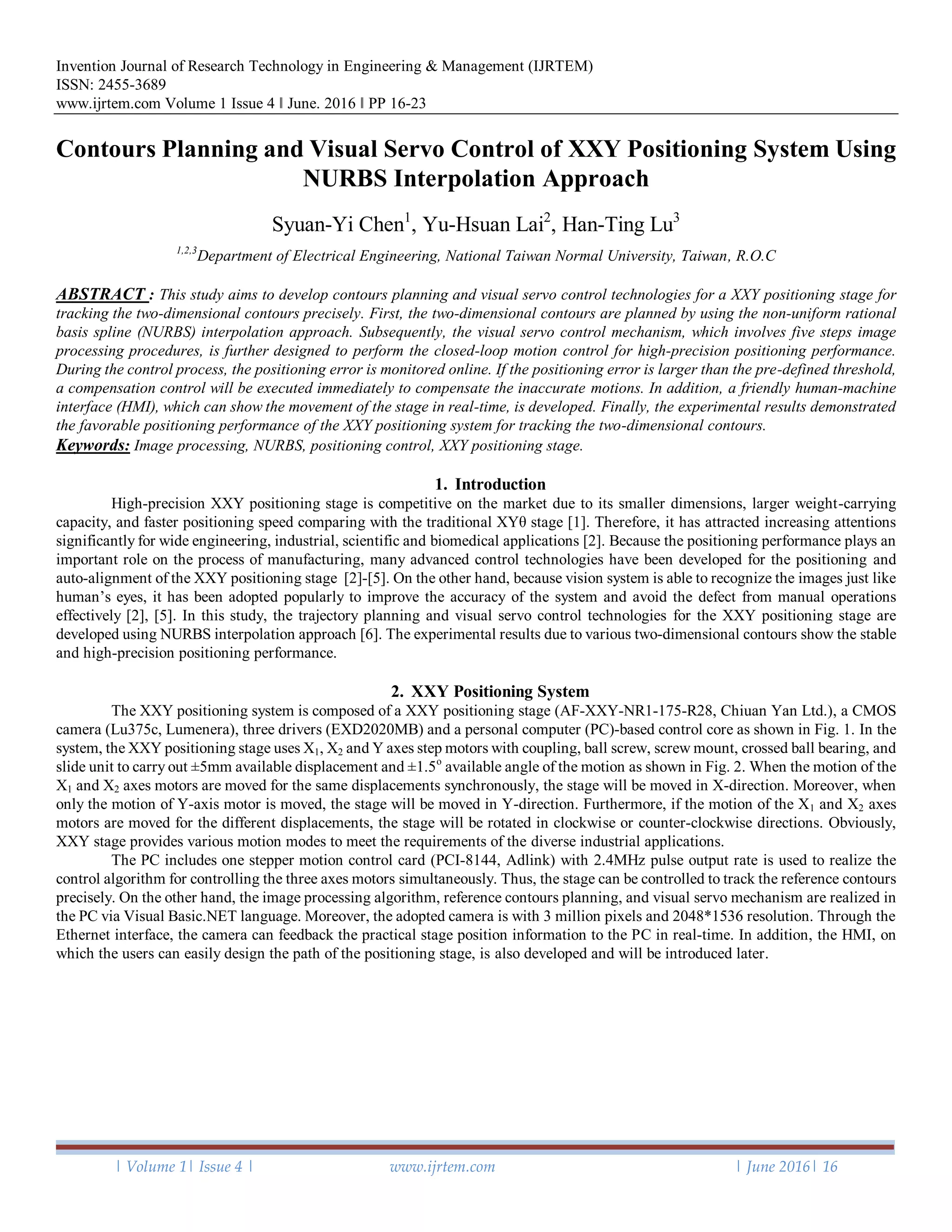 Contours Planning and Visual Servo Control of XXY Positioning System Using NURBS Interpolation ...