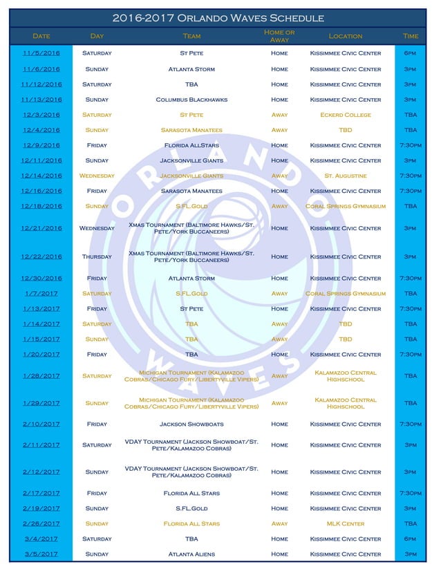 2016-2017 Orlando Waves Game Schedule | PDF
