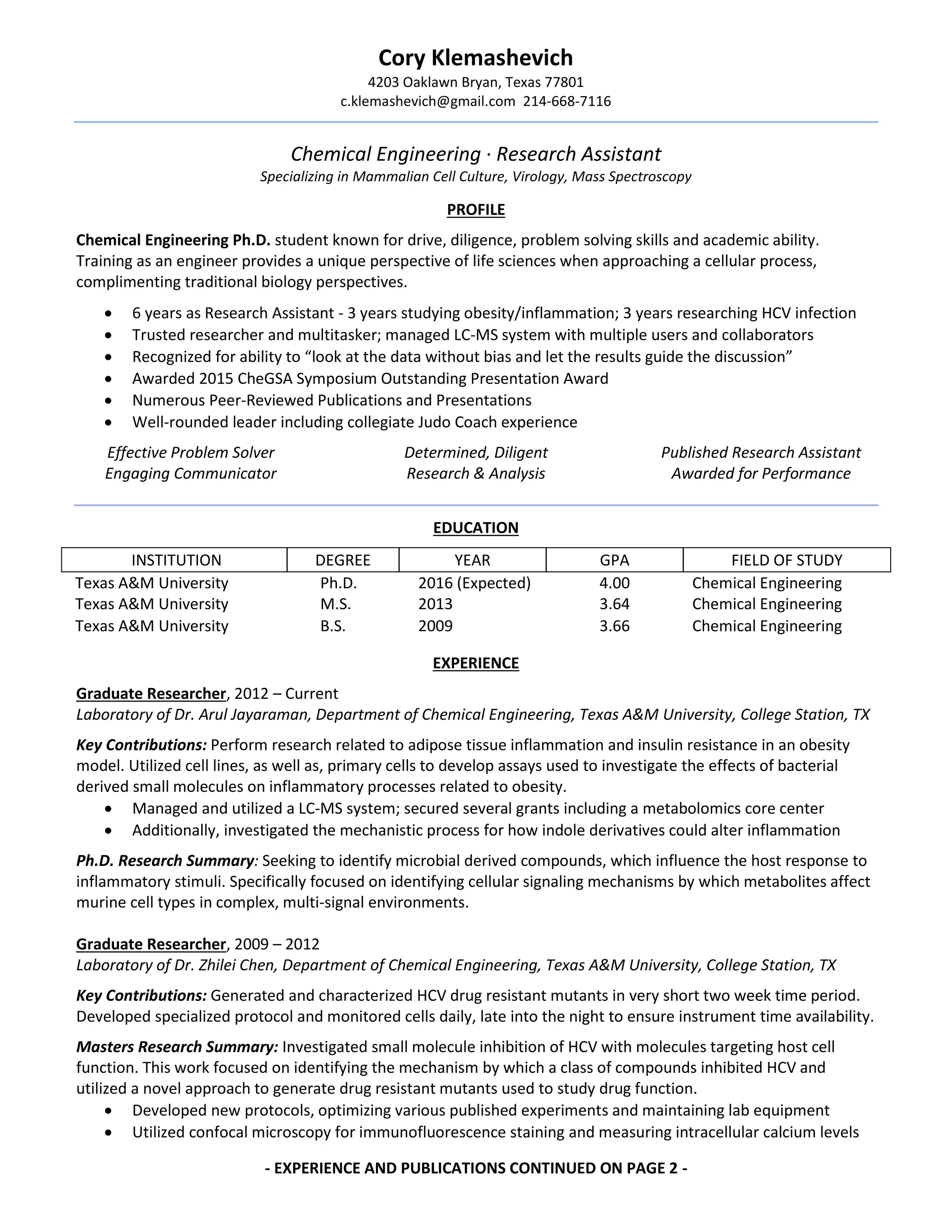Cory Klemashevich Resume - PhD Chemical Engineering | PDF