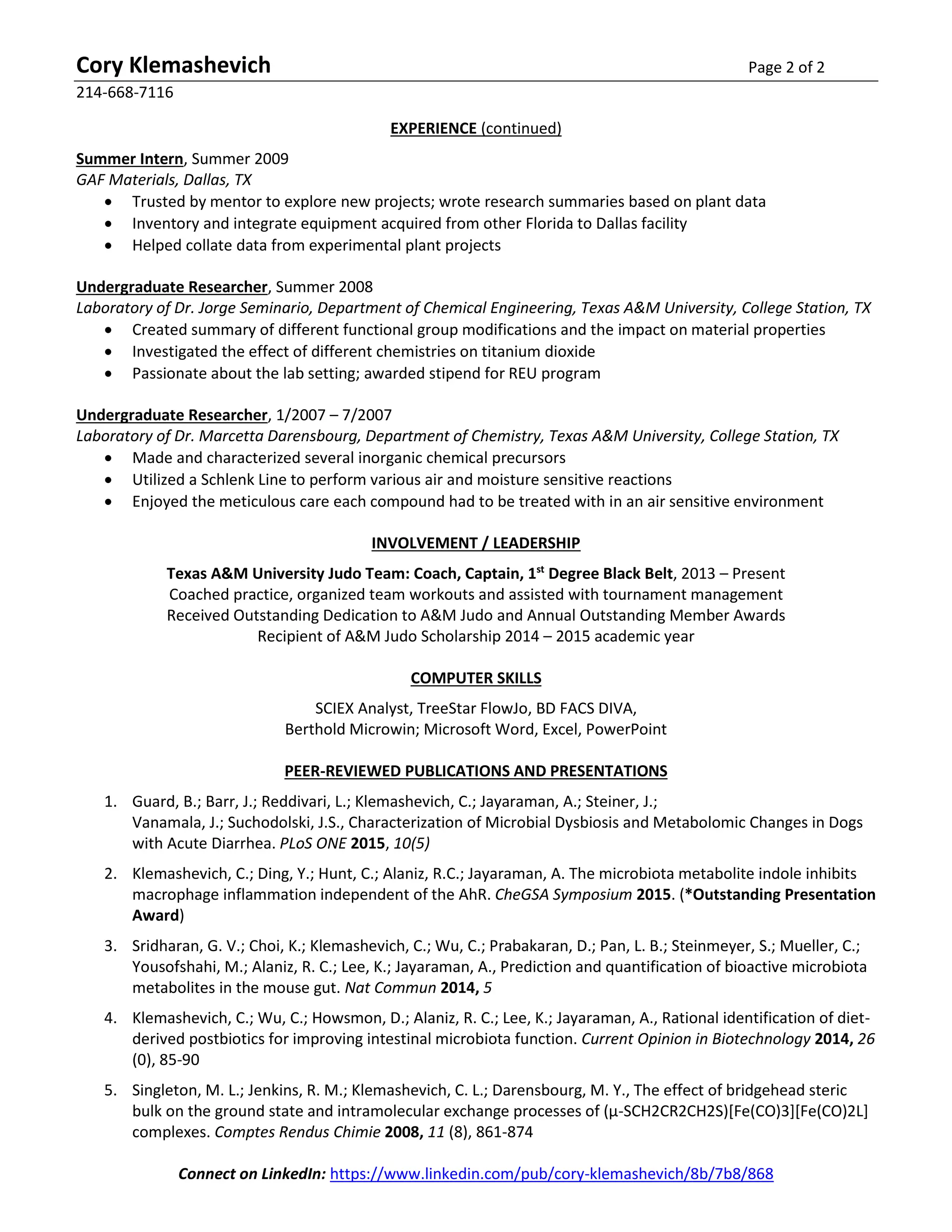 Cory Klemashevich Resume - PhD Chemical Engineering | PDF