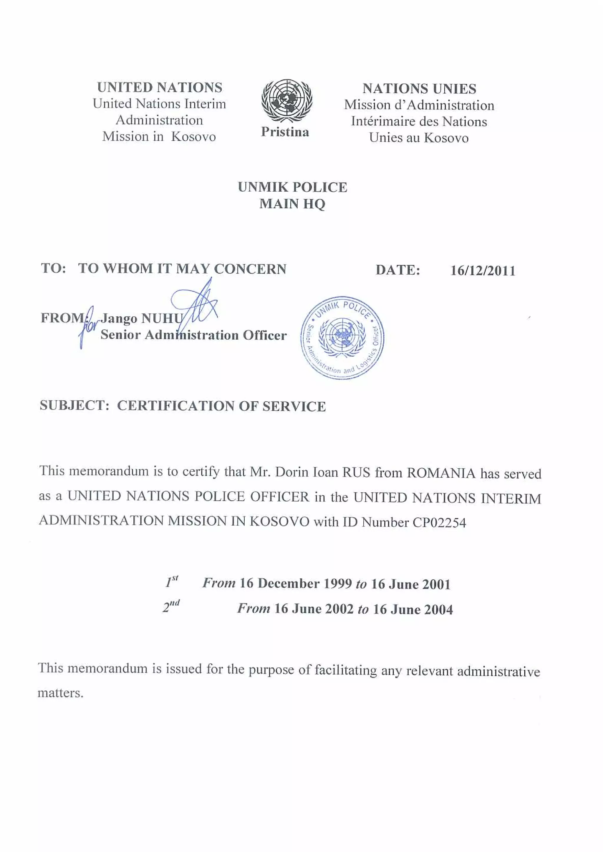 Certificate of Service UNMIK | PDF