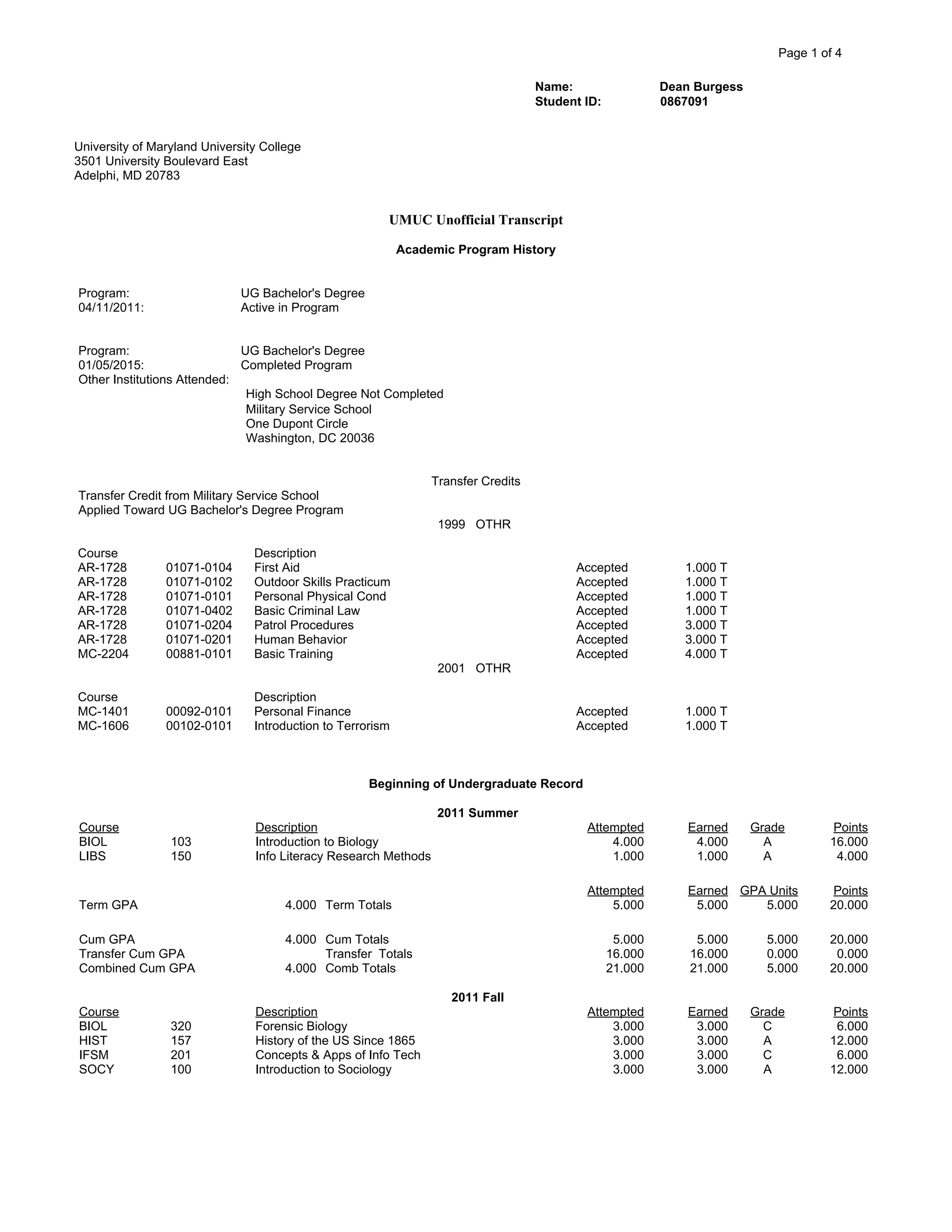 UMUC Unofficial Transcript BS | PDF | Free Download