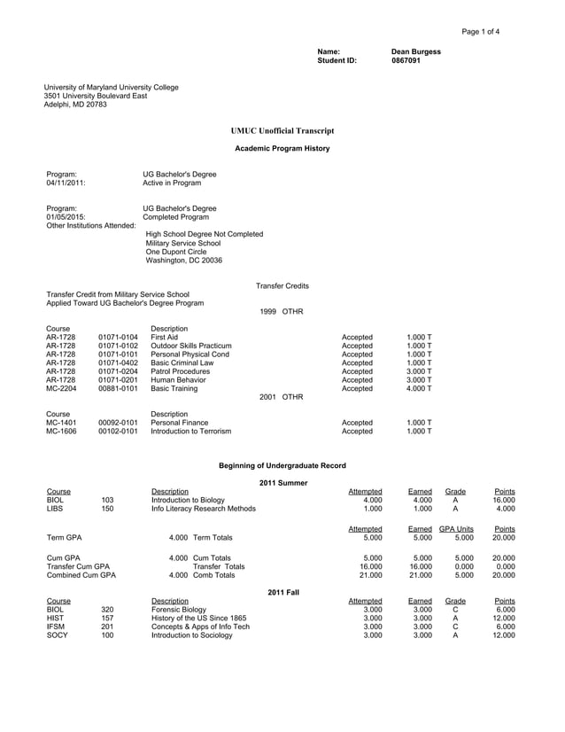 UMUC Unofficial Transcript BS | PDF | Free Download