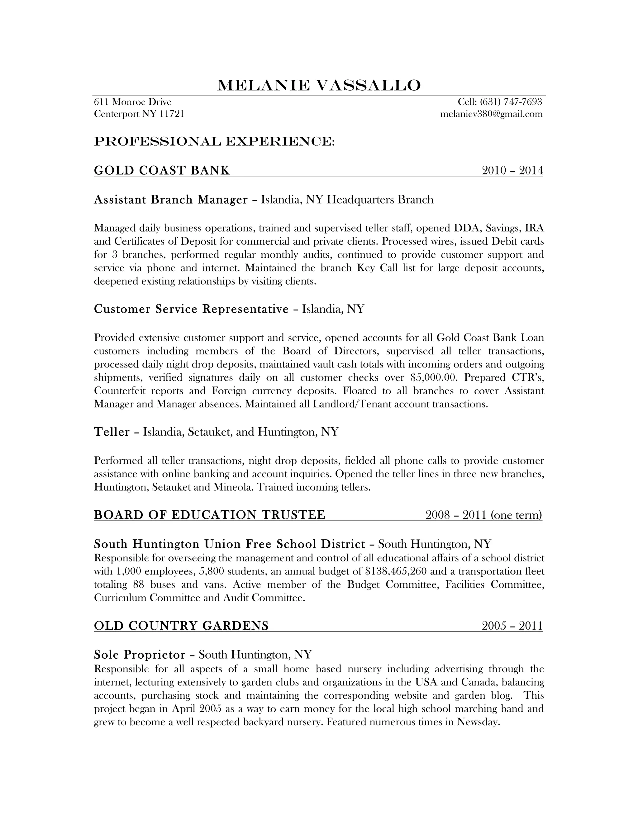 MELANIE VASSALLO Resume | PDF | Business Banking & Finance | Business