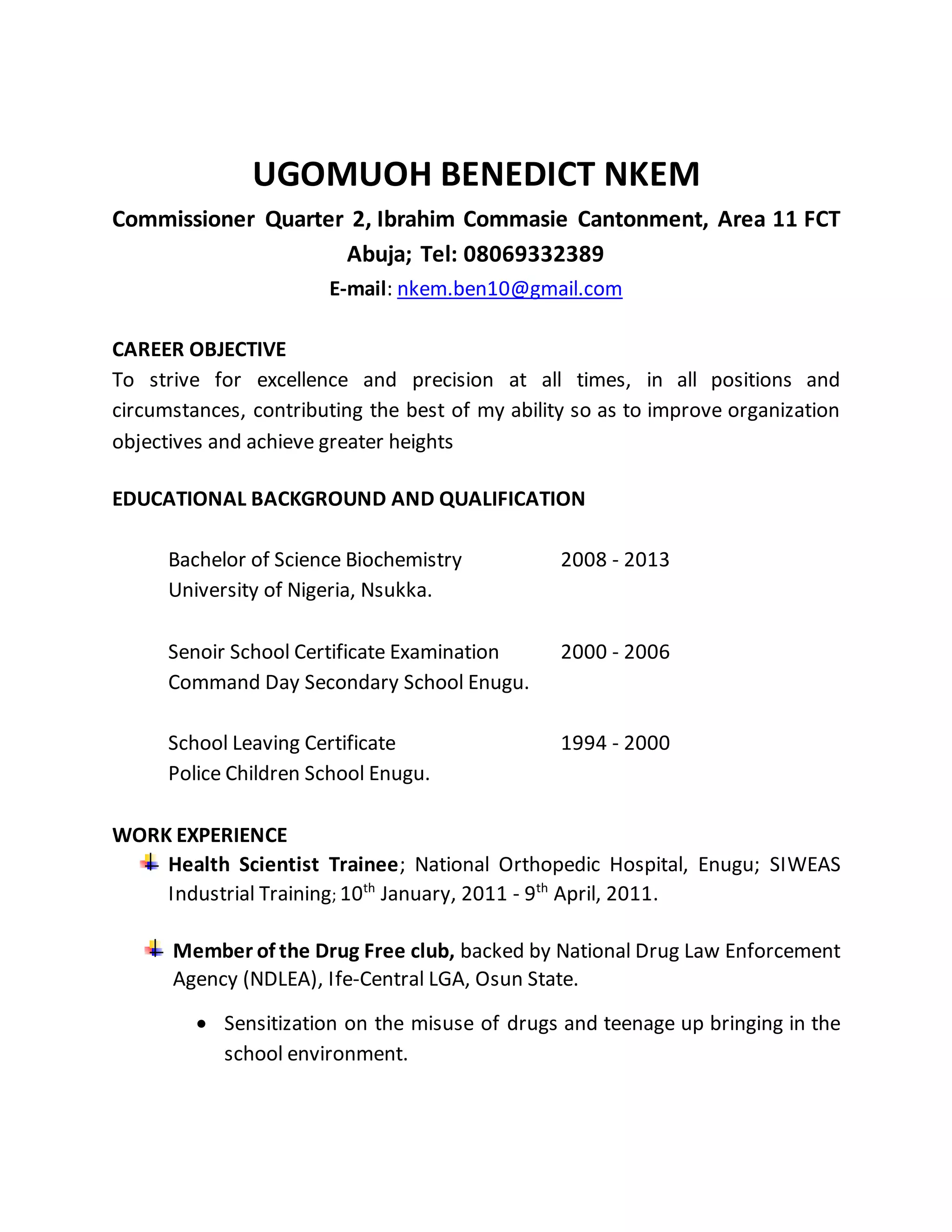 UGOMUOH BENEDICT CV.doc | Professional School | Postgraduate Education