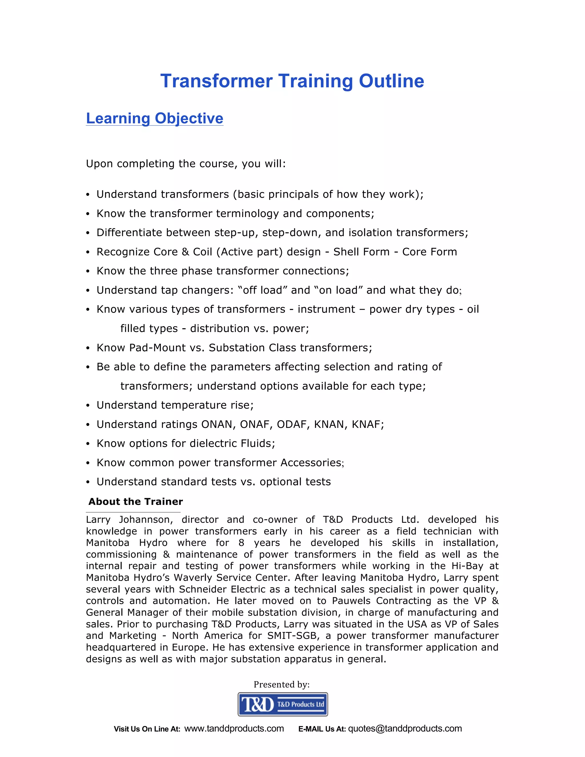 Transformer Training Outline | PDF