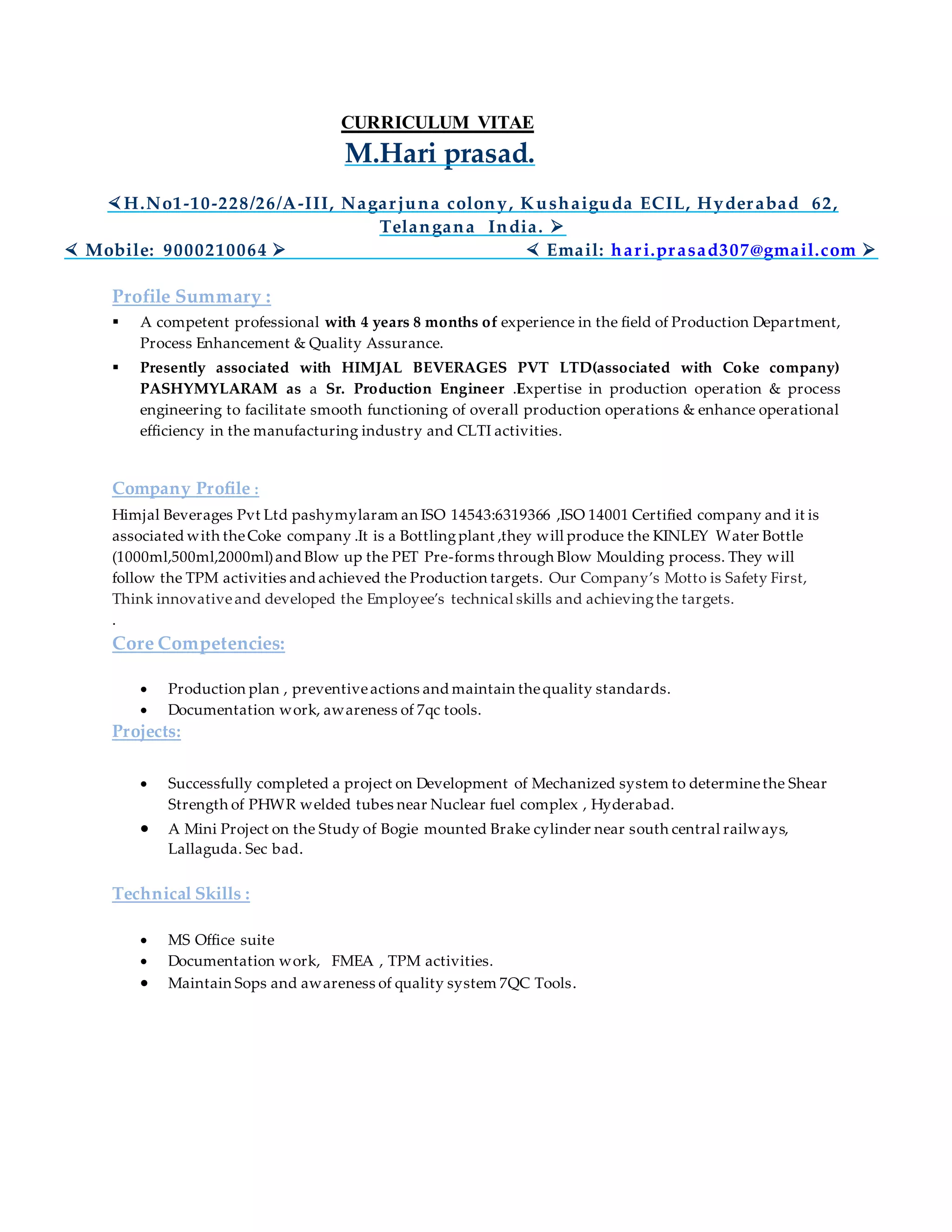 M Hari Prasad resume | DOCX