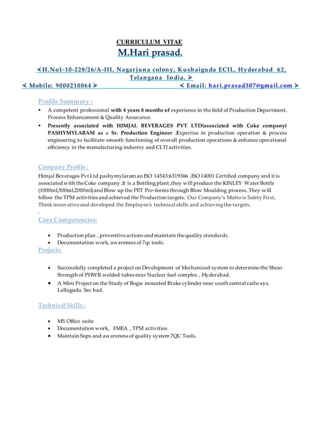 M Hari Prasad resume | DOCX