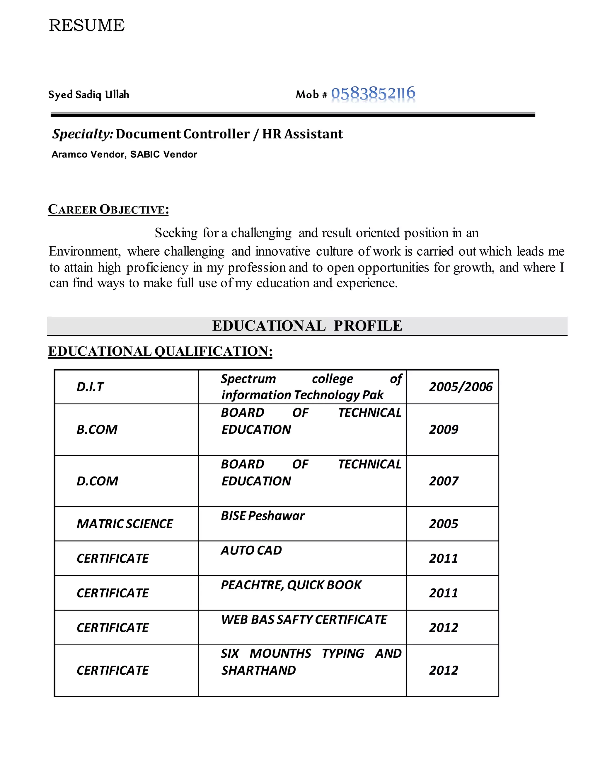 Document Controller - Syed Sadiq Ullah | DOCX
