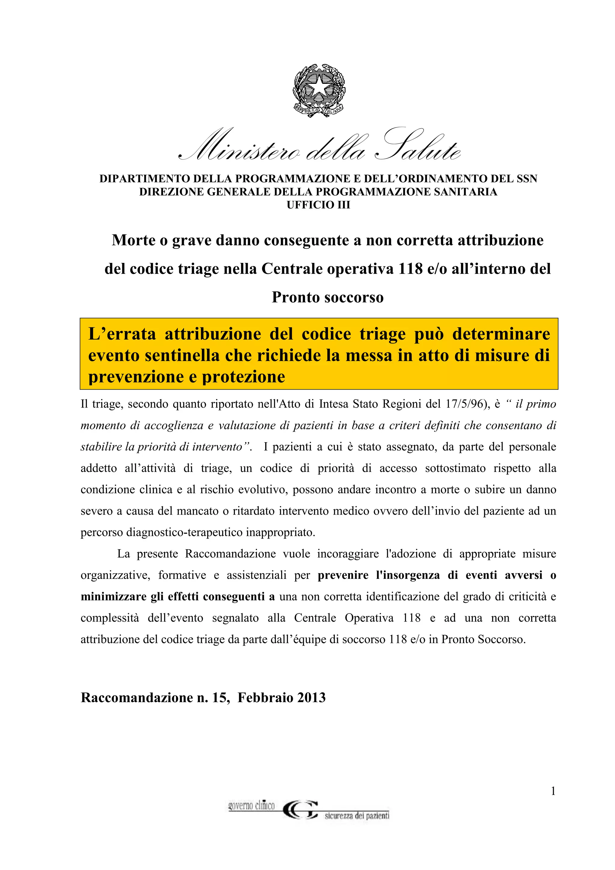 Morte o danno da errato codice triage: Cosa dice il Ministero? | PDF