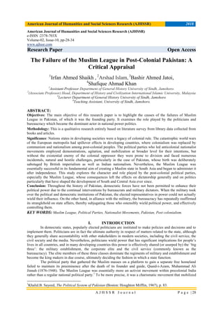 The Failure of the Muslim League in Post-Colonial Pakistan: A Critical ...