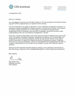 CFA Institute Letter - Qasim Qayyum, CFA | PDF