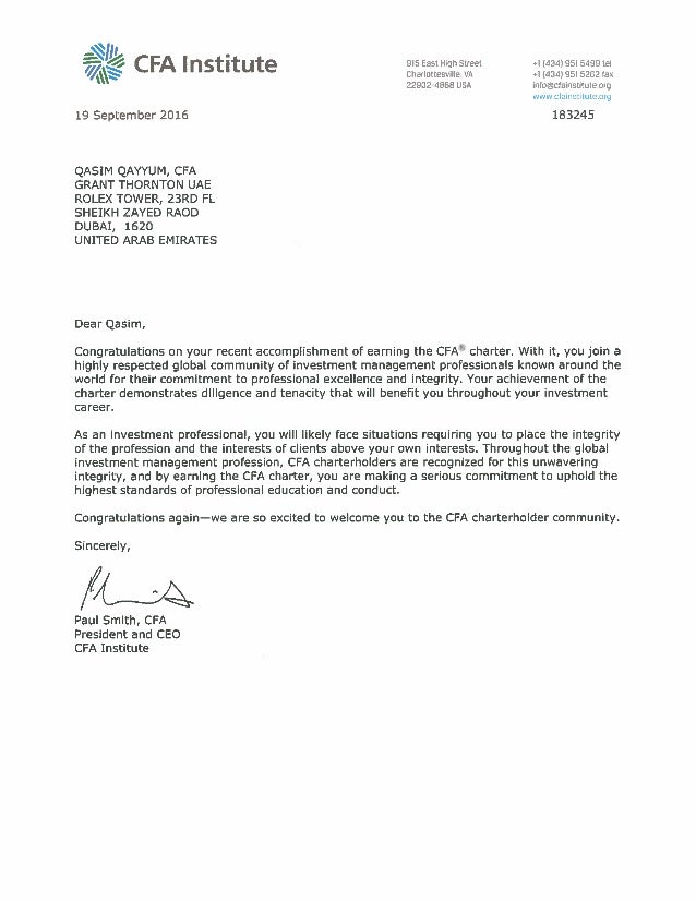 CFA Institute Letter - Qasim Qayyum, CFA