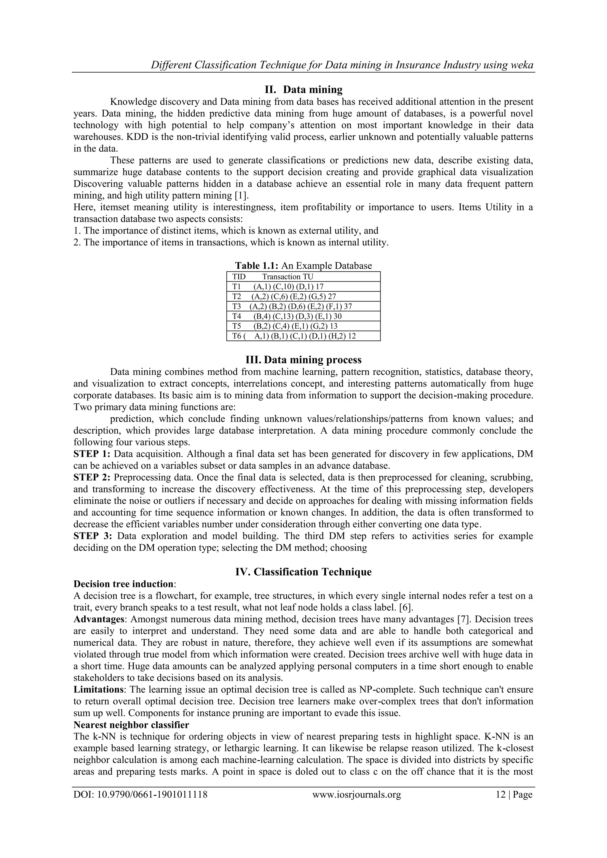 Different Classification Technique for Data mining in Insurance Industry using weka | PDF