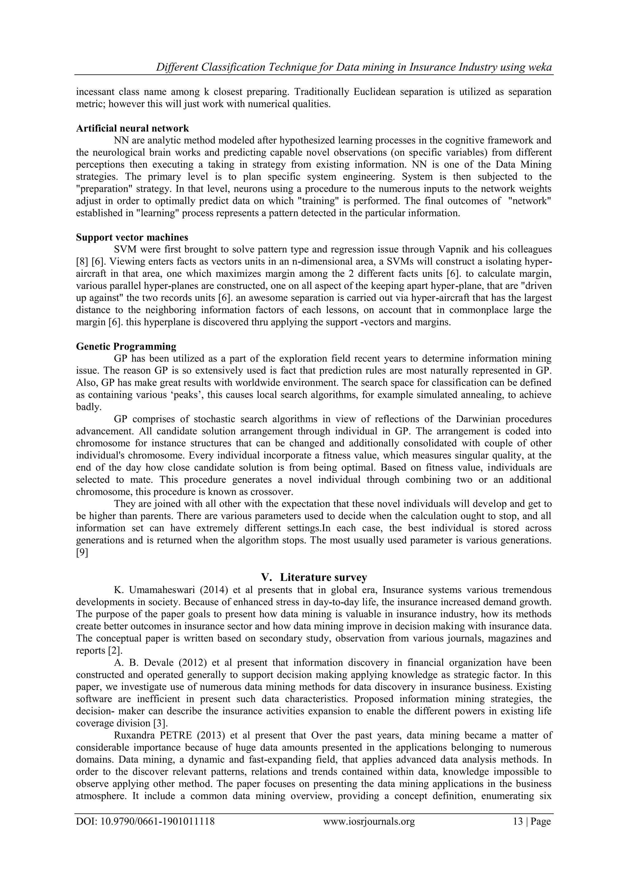 Different Classification Technique for Data mining in Insurance Industry using weka | PDF