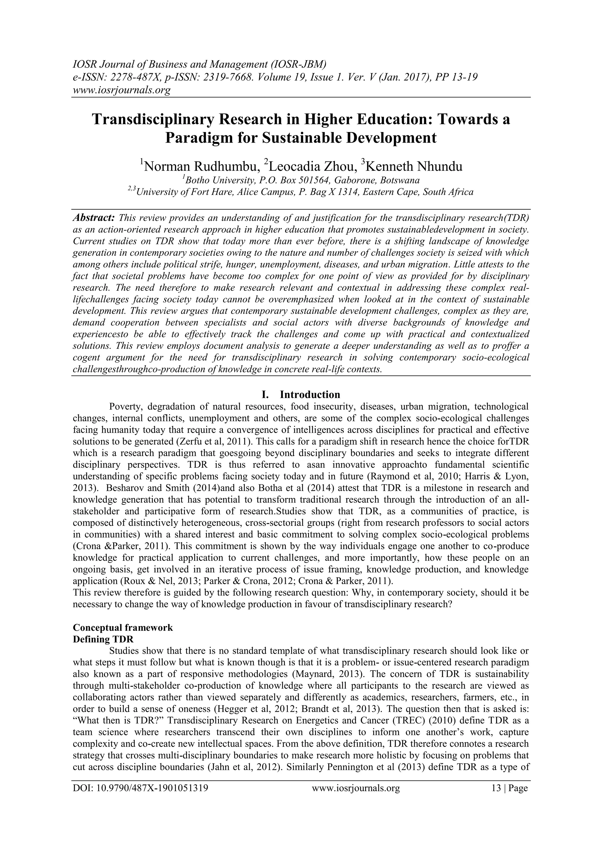 Transdisciplinary Research in Higher Education: Towards a Paradigm for ...