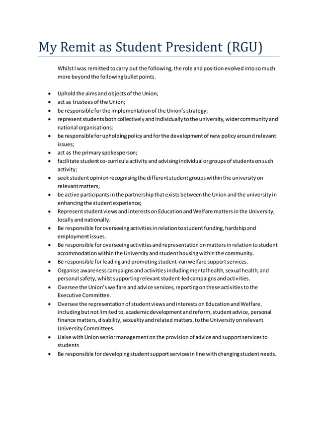 My Remit as Student President | DOCX