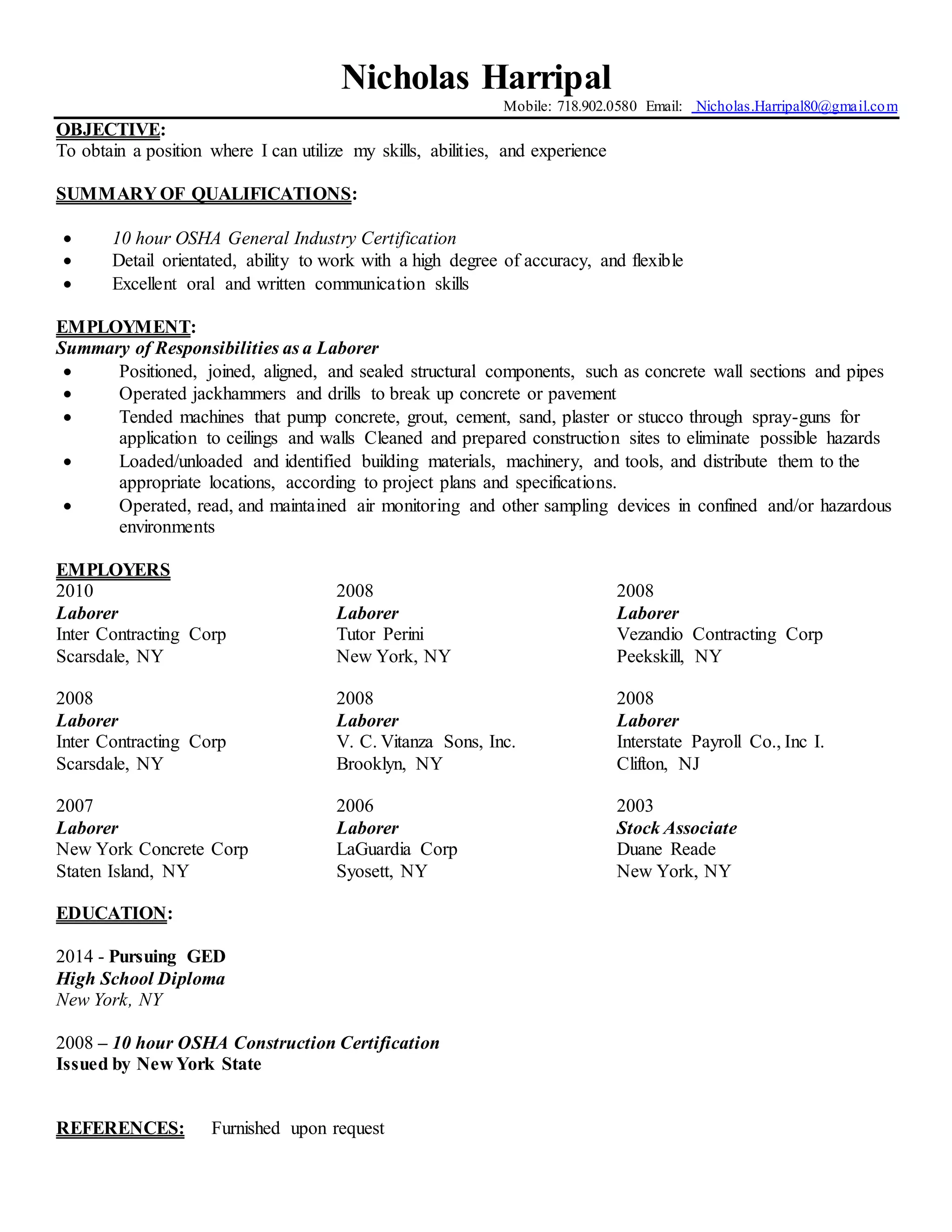Nicholas Harripal Resume 2014 | DOCX