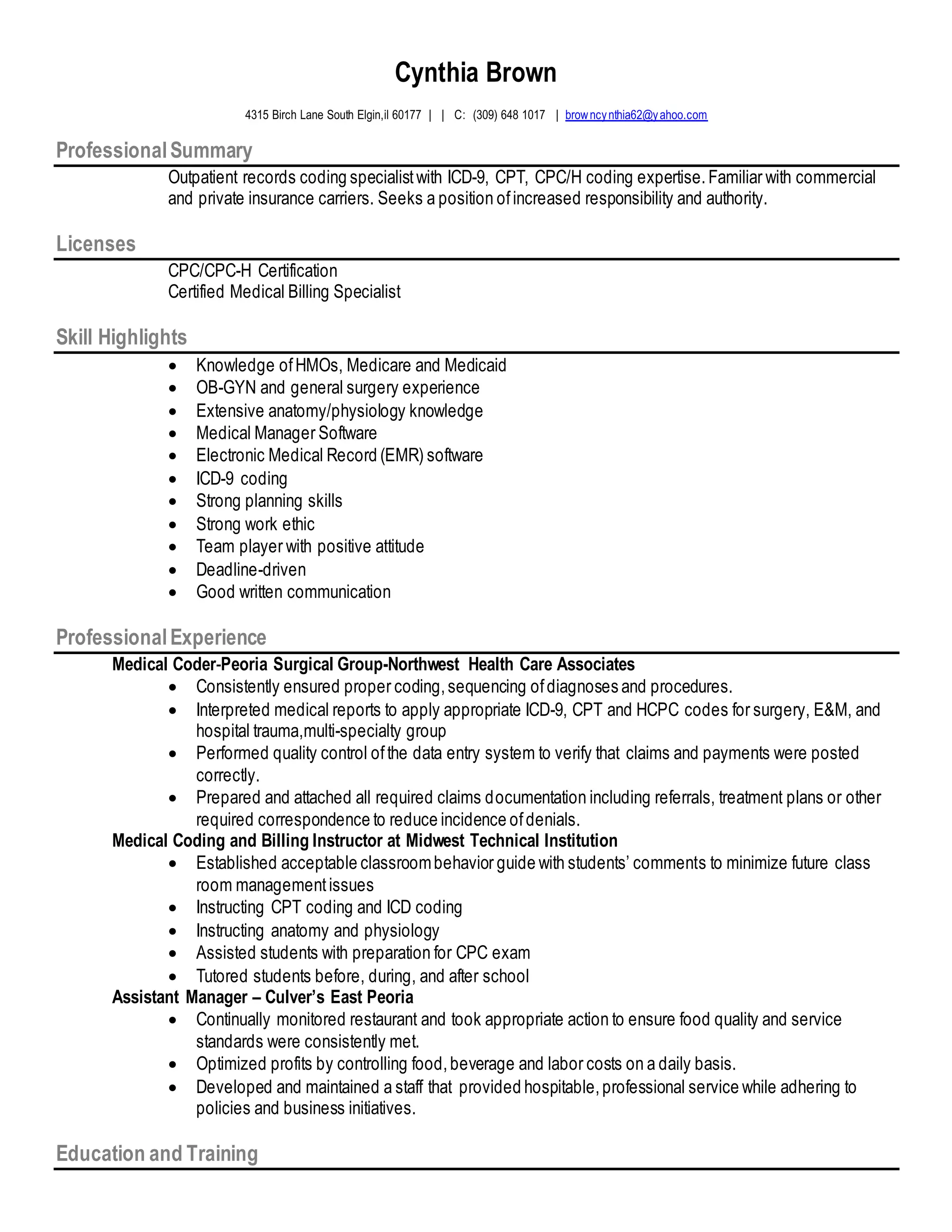 Cynthia Brown resume | DOCX