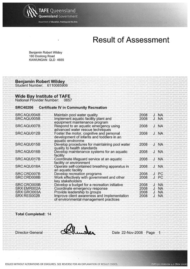 Certificate IV in Community Recreation SRC40206 TAFE Transcript P1
