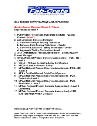 Dan Tilkens Experience and Certs | DOC | Civil Engineering Industry | Industries