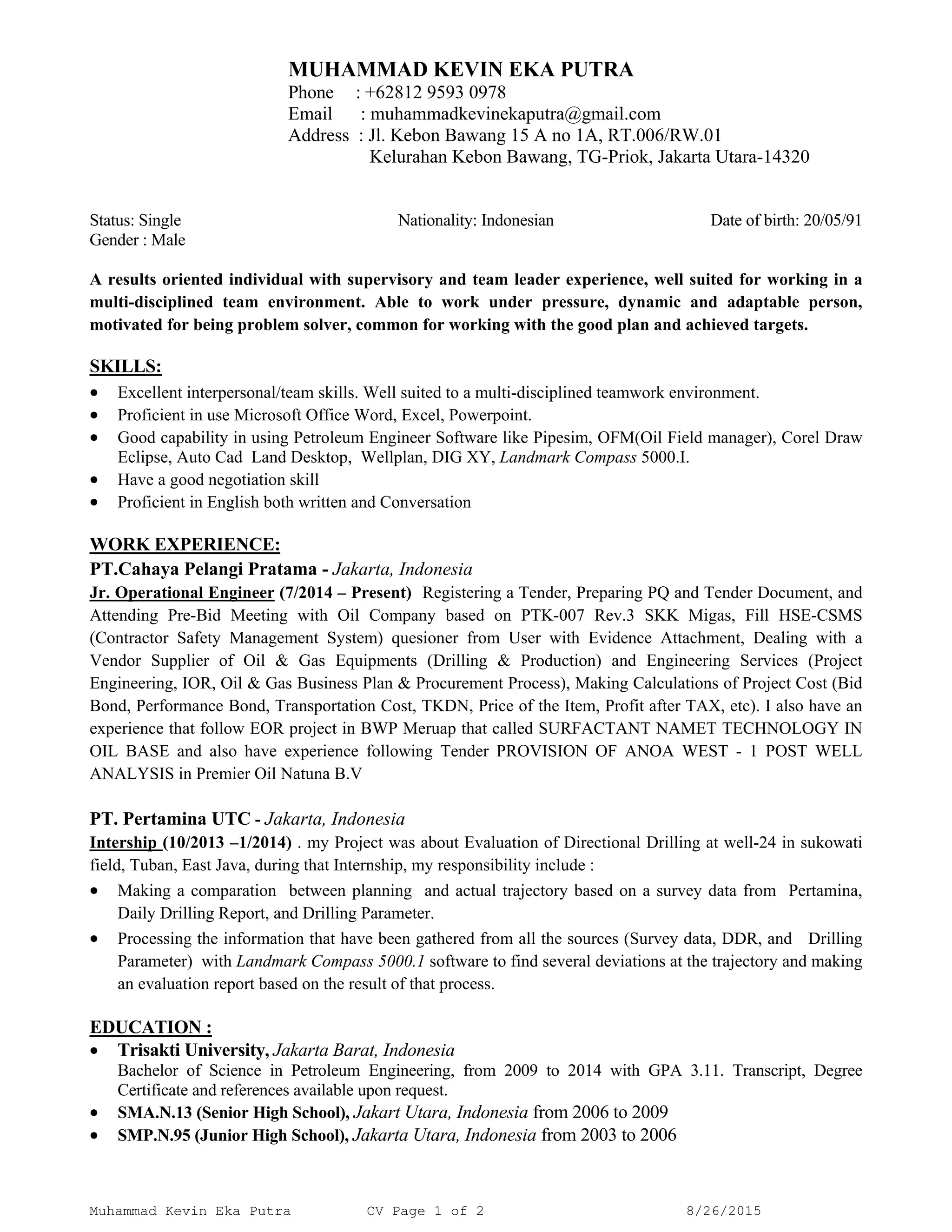 CV-RESUME-Kevin Eka Putra-2015 | PDF | Civil Engineering Industry | Industries