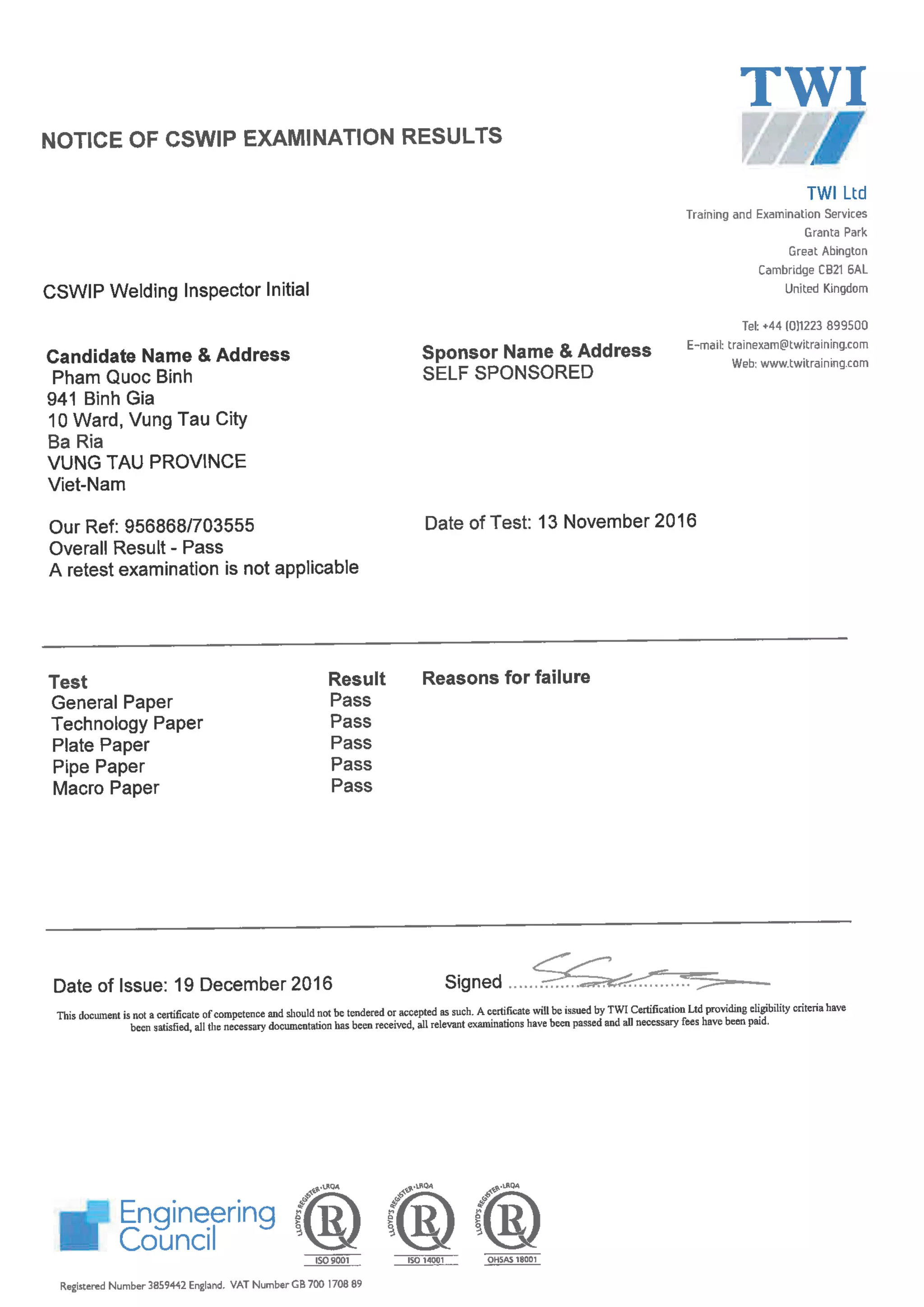 Result Cswip 3.1 - Pham Quoc Binh | PDF