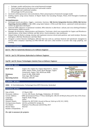 Cognos BI Profile(Vasudev A) | DOCX | Databases | Computer Software and Applications