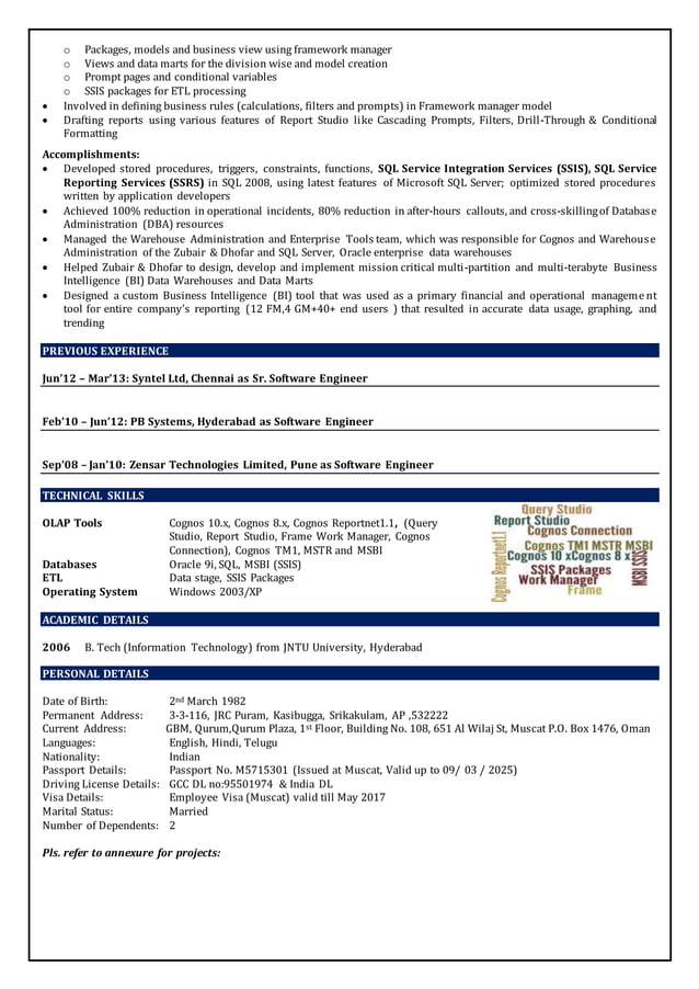 Cognos BI Profile(Vasudev A) | DOCX | Databases | Computer Software and Applications