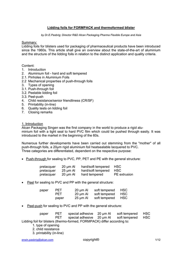 Lidding foils for FORMPACK and thermoformed blister_e_1 | PDF