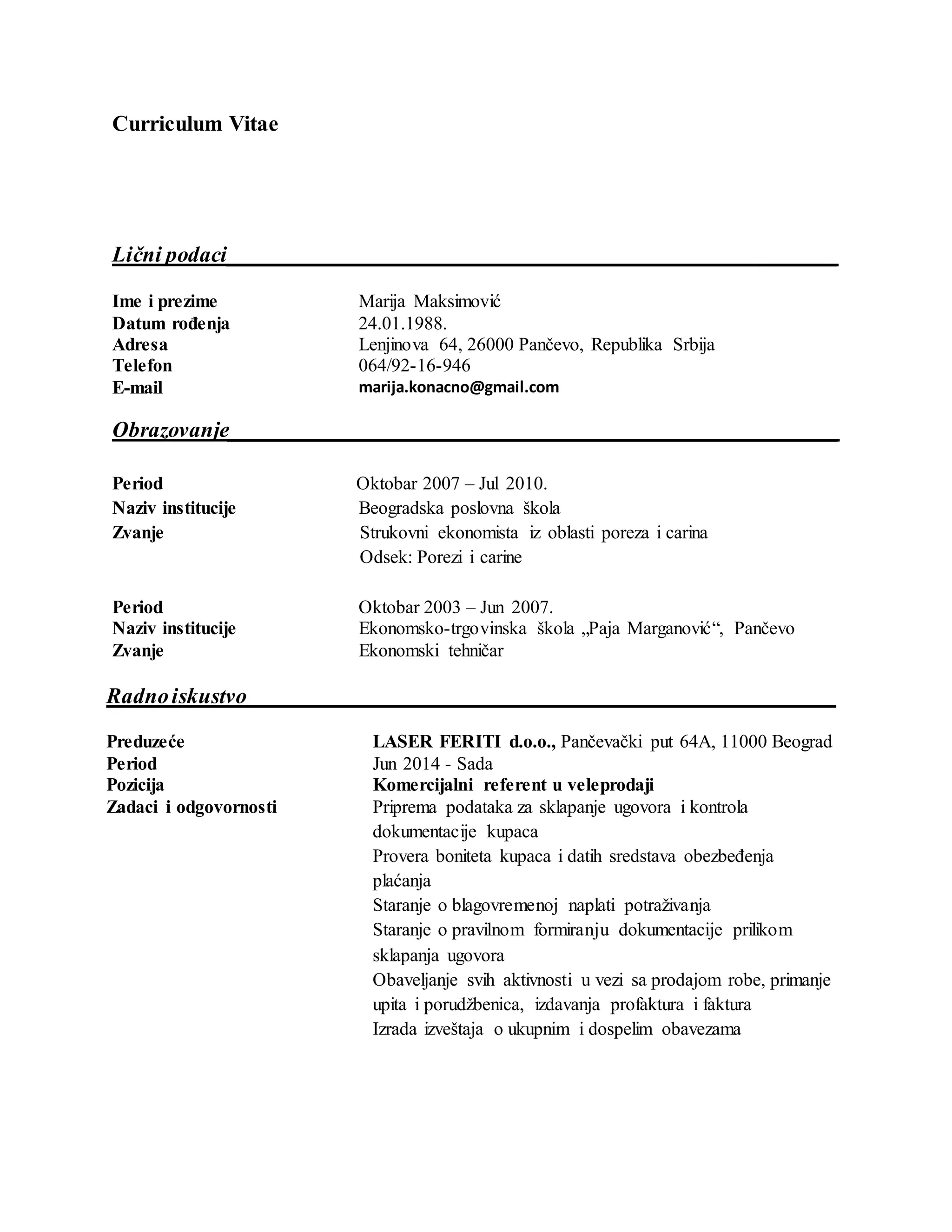Curriculum vitae Marija Maksimović | DOCX