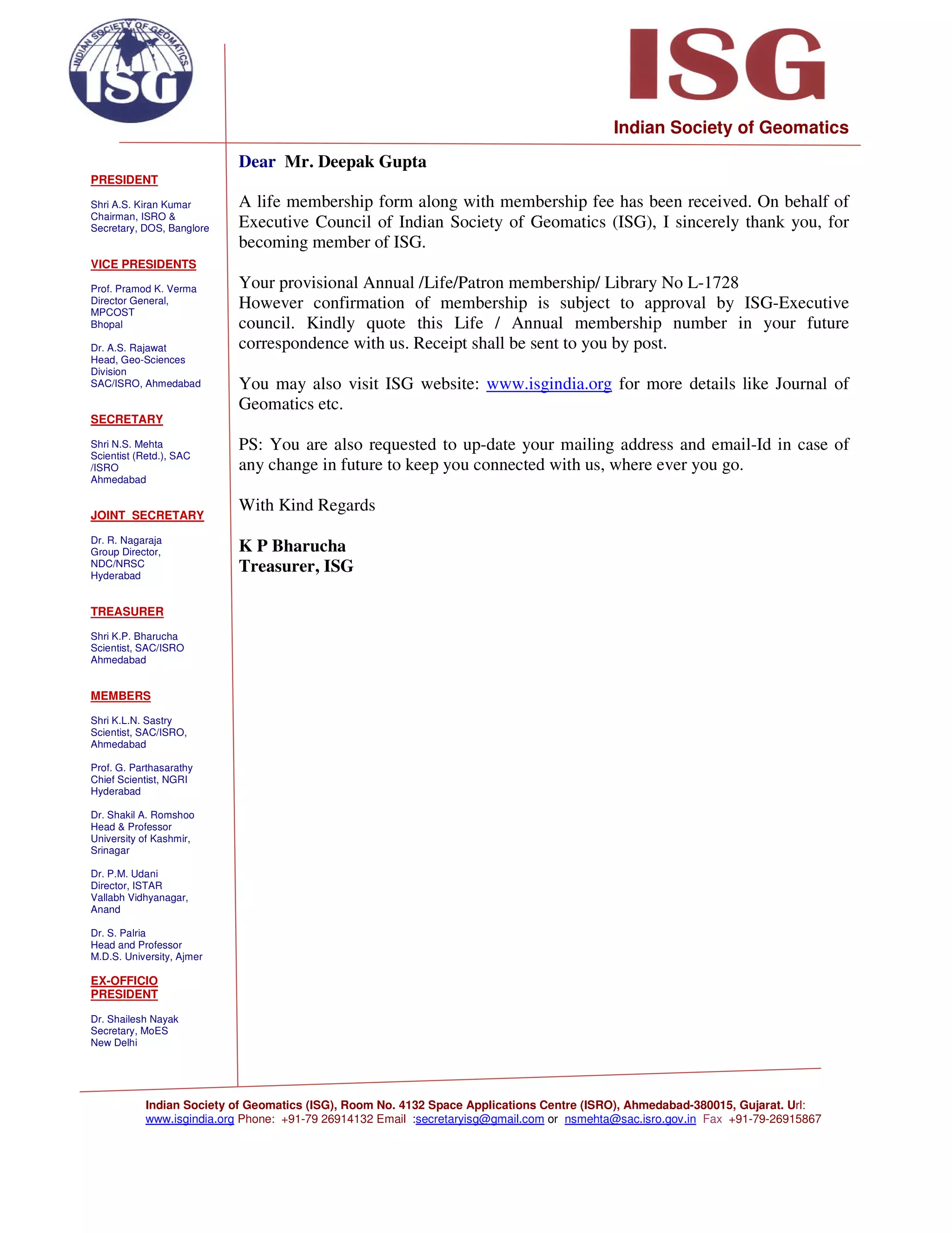 Indian Society of Geomatics_Life Membership | PDF