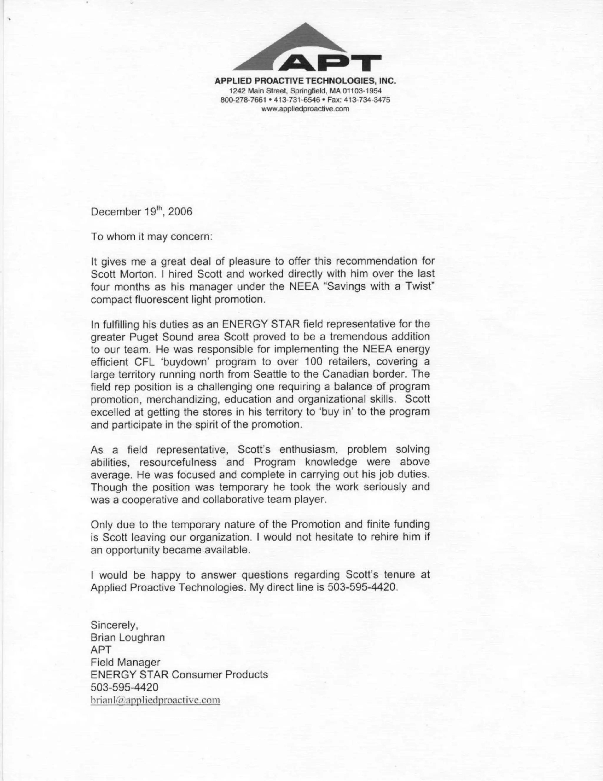 Letter of Recommendation - Applied Proactive Technologies | PDF