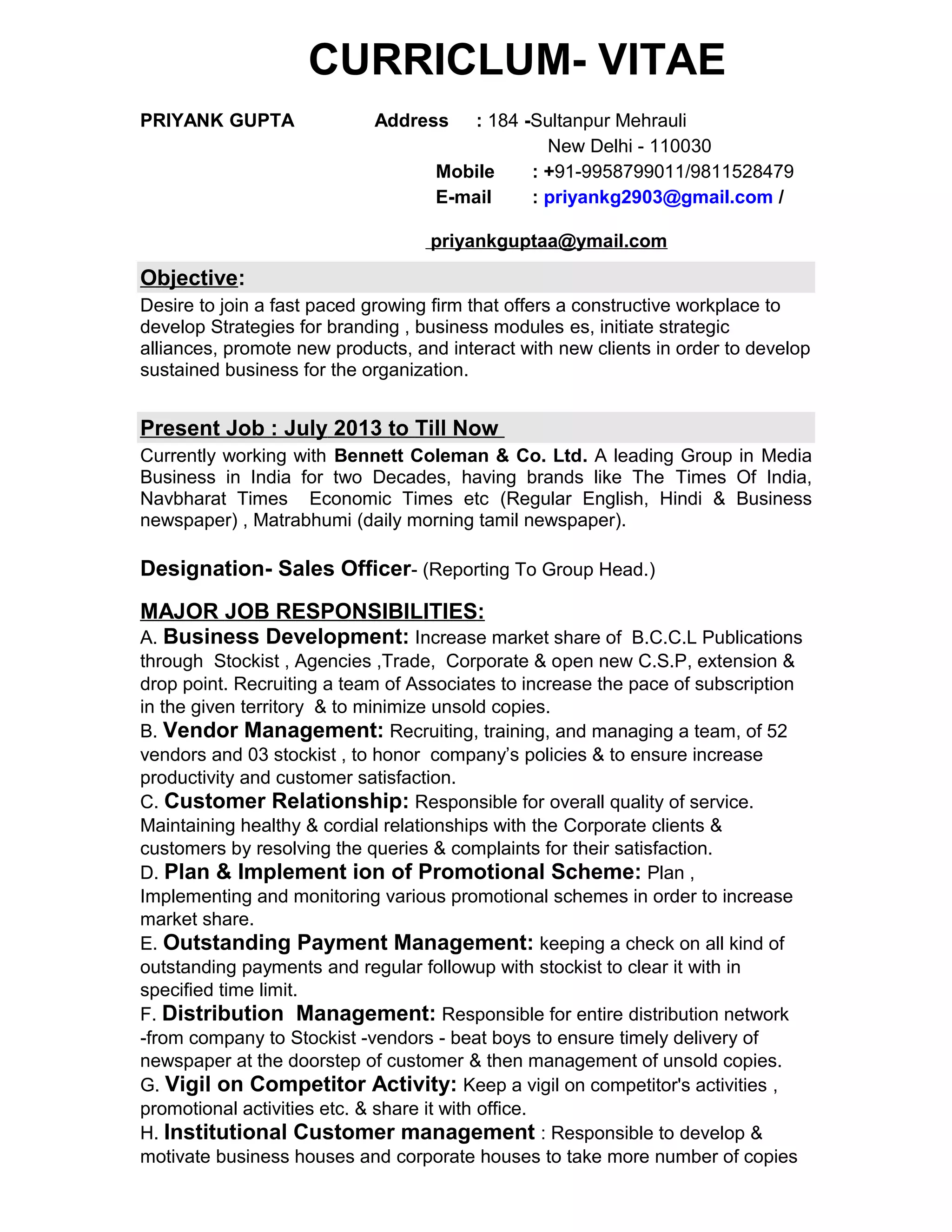 CURRICLUM- VITAE Priyank | PDF