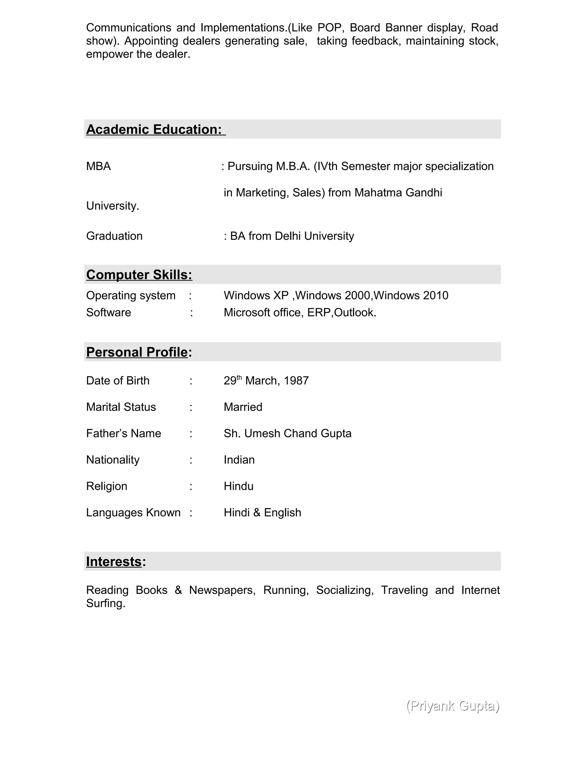 CURRICLUM- VITAE Priyank | PDF