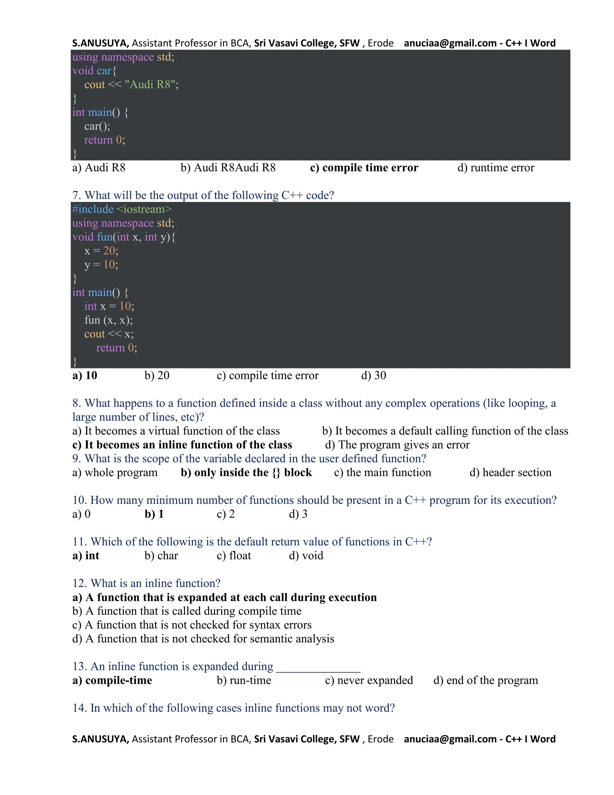 C++ 260 MCQ Question with Answer for all Units | DOCX