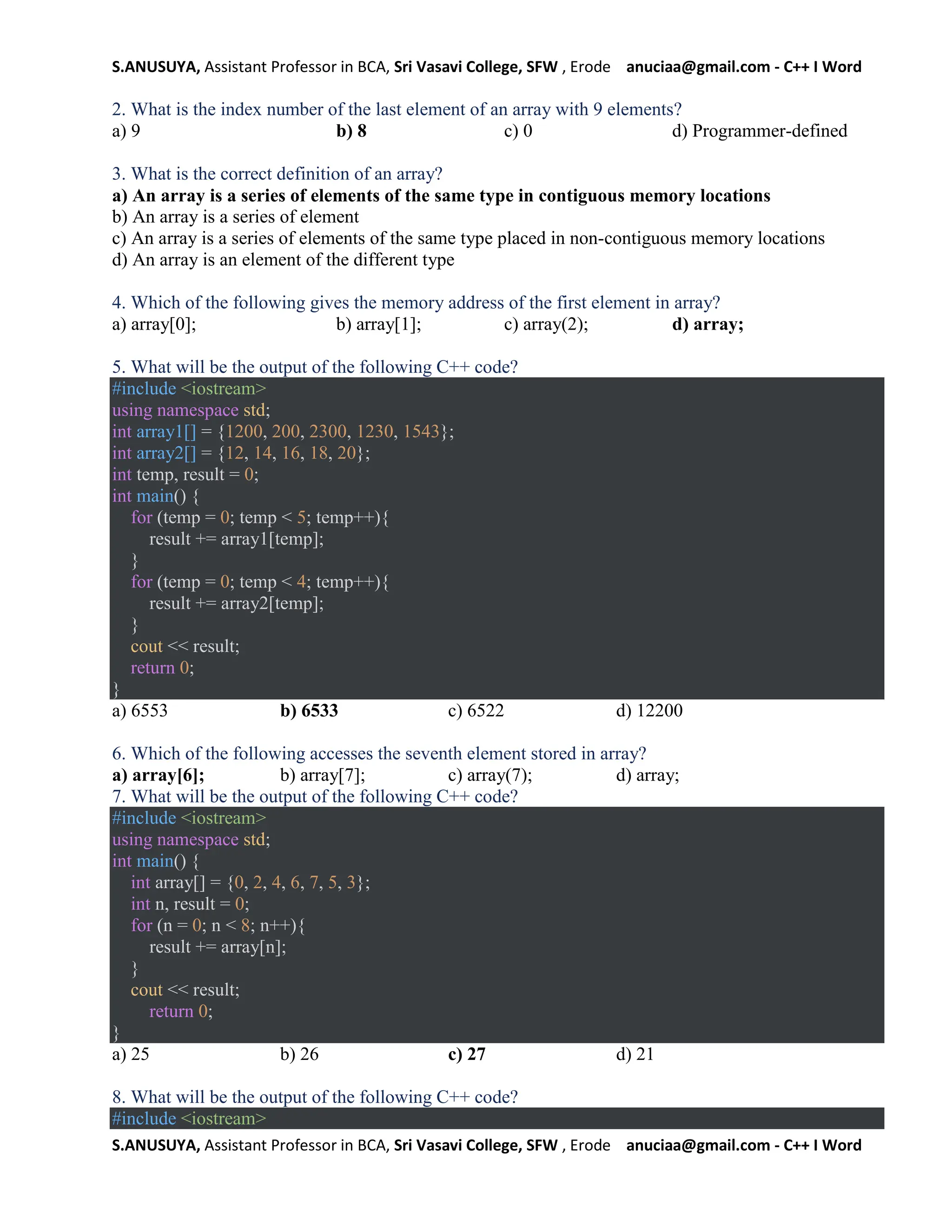 C++ 260 MCQ Question with Answer for all Units | DOCX