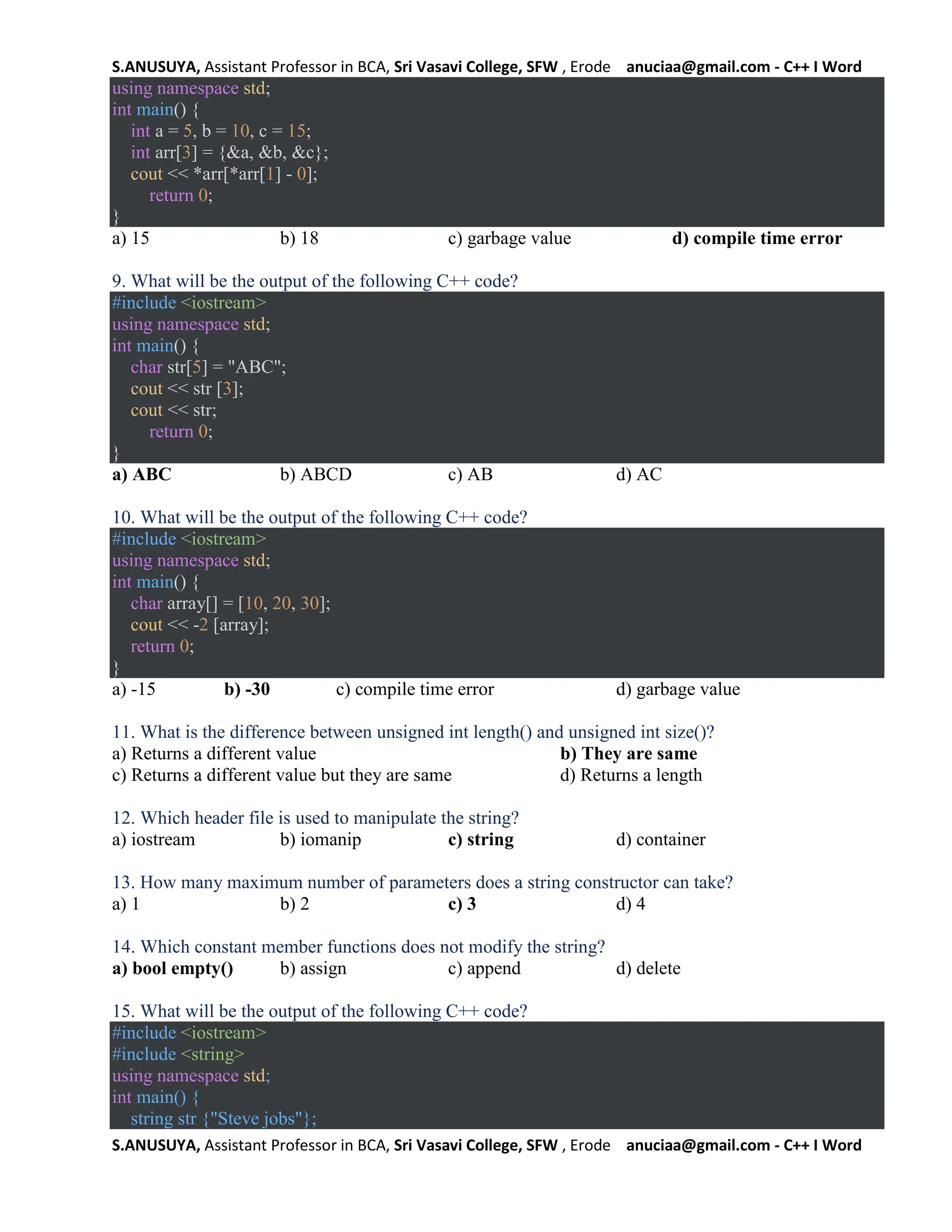 C++ 260 MCQ Question with Answer for all Units | DOCX