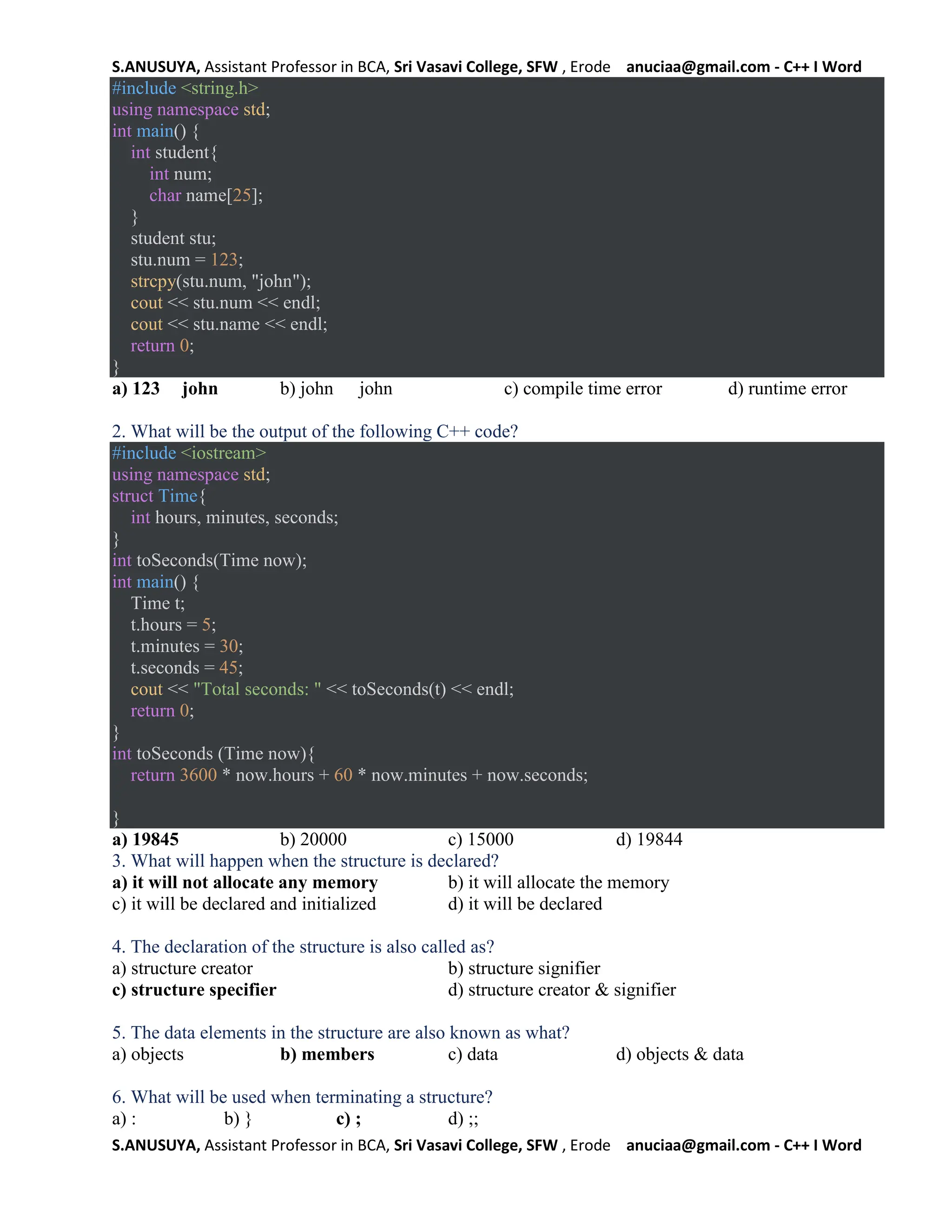 C++ 260 MCQ Question with Answer for all Units | DOCX