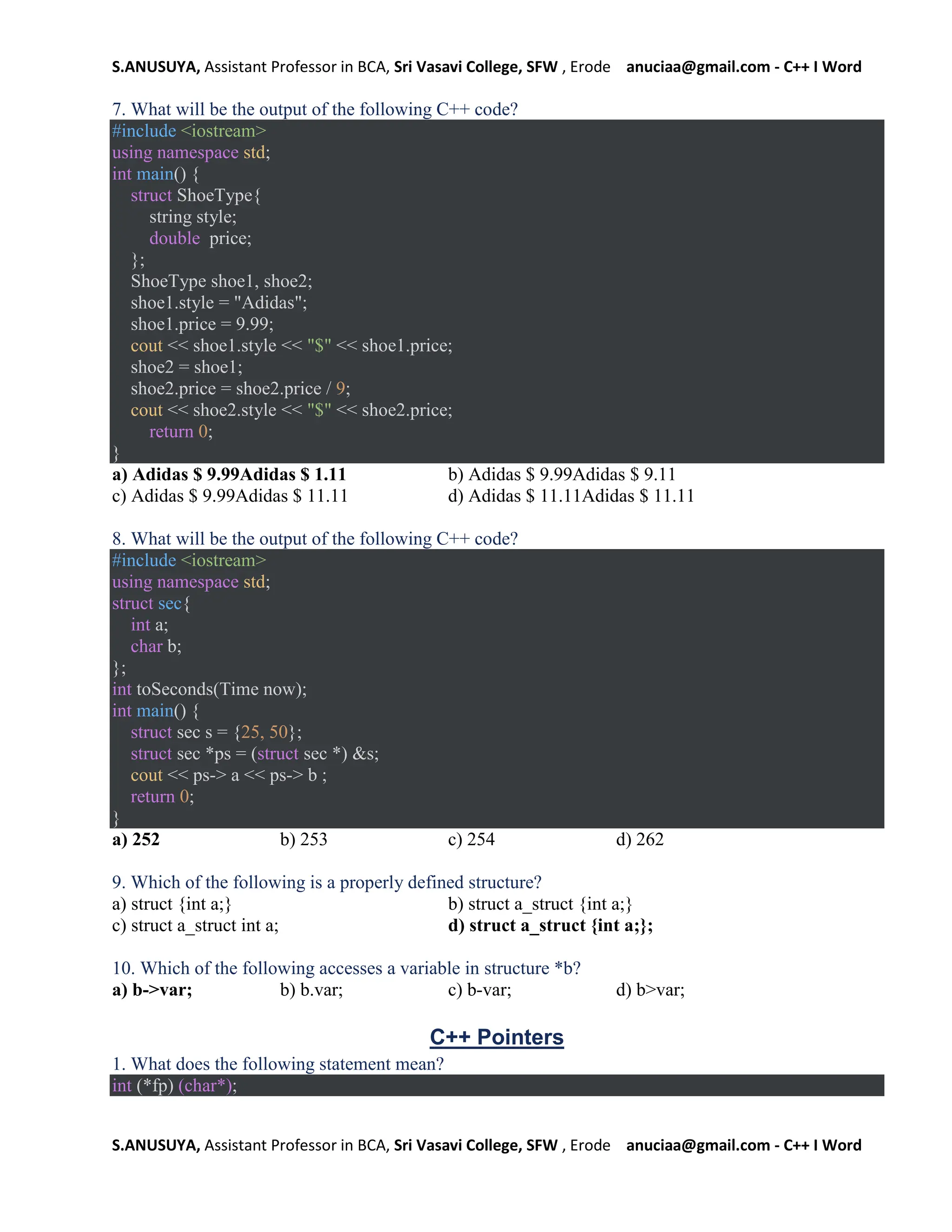 C++ 260 MCQ Question with Answer for all Units | DOCX